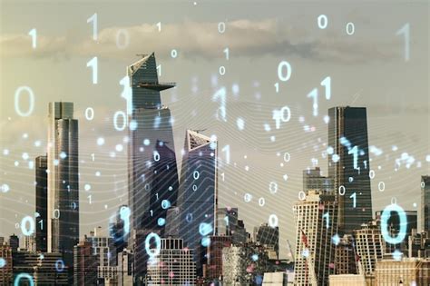 premium photo abstract virtual binary code hologram on new york