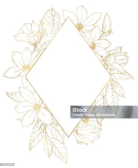 금 선형 목련의 수채화 마름모꼴 프레임 흰색 배경에 격리된 꽃 나뭇잎 가지의 손으로 그린 꽃 테두리 디자인 인쇄 직물 또는 배경에 대한 봄 그림 0명에 대한 스톡 벡터 아트