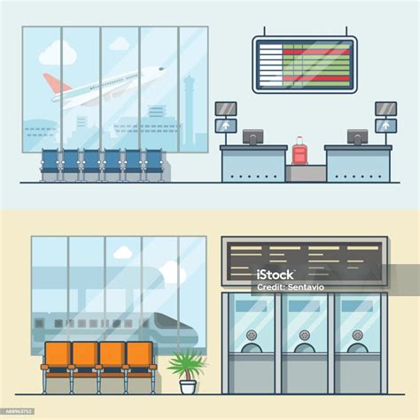 공항 등록 접수처 철도 기차 역 티켓 데스크 사무실 인테리어 실내 설정합니다 선형 스트로크 윤곽선 평면 스타일 벡터 아이콘입니다