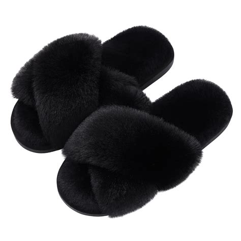 Litfun Womens Fuzzy Slippers Open Toe Cross Band Memory Foam