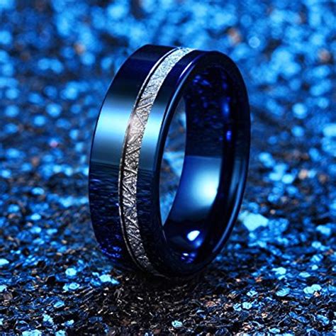 Unisex Or Mens Tungsten Wedding Band 8mm Blue Tone Ring With Thin