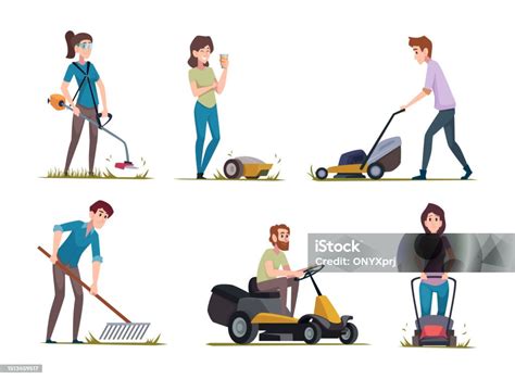 잔디 관리 잔디 깎는 기계로 푸른 잔디를 자르는 남성과 여성 캐릭터는 행동하는 포즈를 취하는 정확한 벡터 만화 사람들 개념에