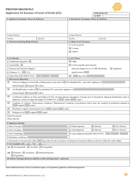 Fillable Online Application For Issuance Of Letter Of Credit Lc Fax Email Print Pdffiller