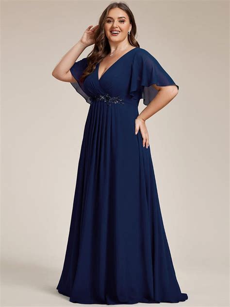 Plus Size V Neck Chiffon Floral Applique Short Sleeve Maxi Evening