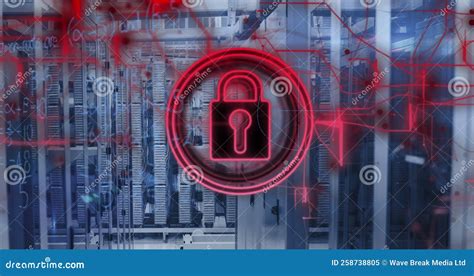 Image Of Data Processing And Padlock Over Server Room Stock
