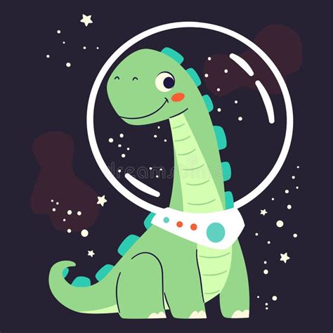 Cute Kind Dinosaur Flying In A Spacesuit In Space Flat Vector