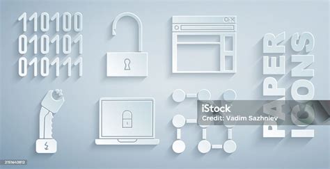 노트북 및 잠금 장치 웹 사이트 템플릿 경찰 전기 충격기 그래픽 암호 보호 자물쇠 열기 및 바이너리 코드 아이콘을 설정합니다