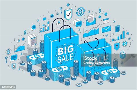 배신 개념 소매 큰 판매 현금 돈 더미와 동전 더미 흰색 절연 쇼핑백 아이소메트릭 3d 벡터 일러스트 아이콘 통계 차트와 디자인 요소를 재정 가방에 대한 스톡 벡터 아트 및