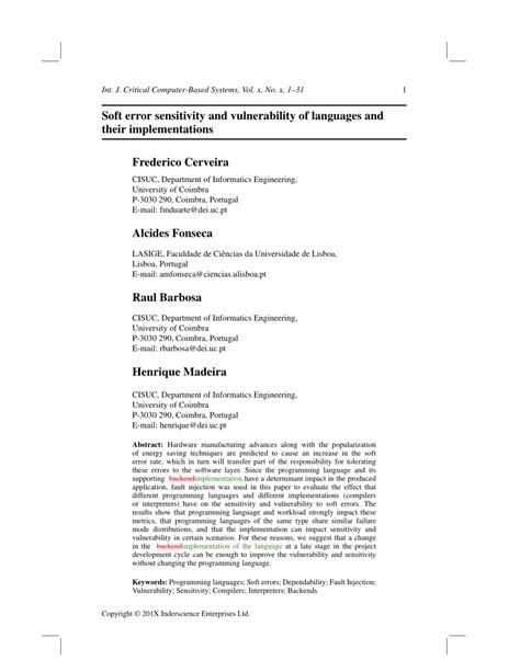 Pdf Soft Error Sensitivity And Vulnerability Of Languages And Their Implementations