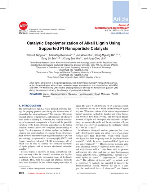 Pdf Catalytic Depolymerization Of Alkali Lignin Using Supported Pt Nanoparticle Catalysts