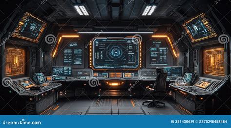 High-tech Control Room with Multiple Screens Displaying Detailed Data and Futuristic Interface ...
