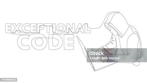 노트북과 예외적 인 코드 텍스트를 가진 남자의 하나의 연속적인 라인 얇은 선 그림 벡터 개념입니다 윤곽 그리기 창의적인 아이디어