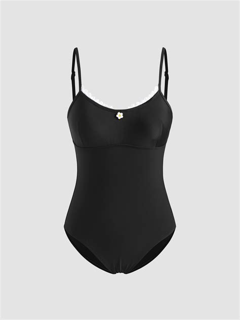 U Neckline Lace Trim Flower One Piece Swimsuit Cider