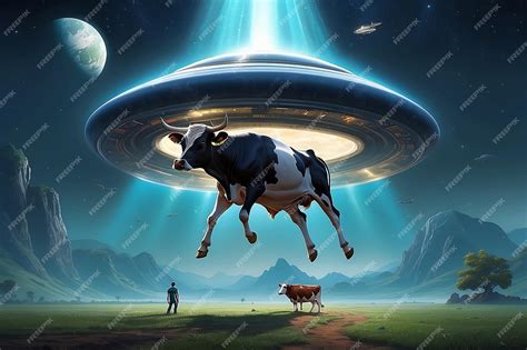 Premium Ai Image Ufo Flying With Alien And Abduct A Cow