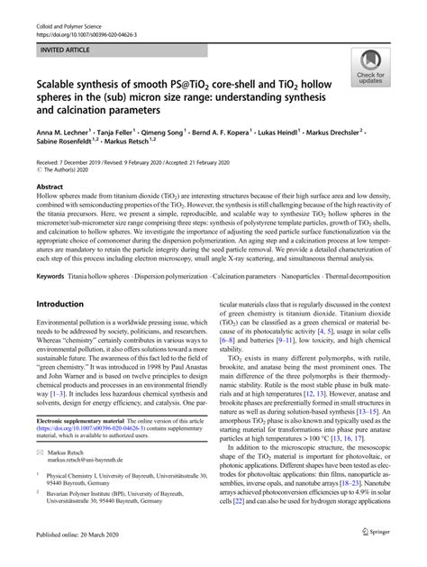 Pdf Scalable Synthesis Of Smooth Ps Tio2 Core Shell And Tio2 Hollow Spheres In The Sub