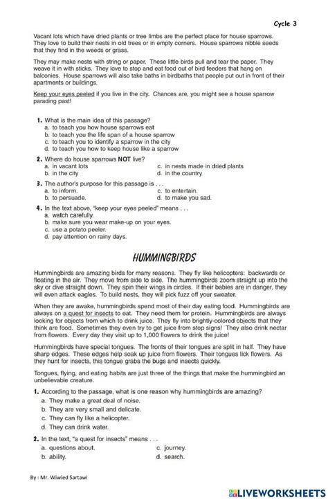 Reading Comp Cycle 3 Worksheet Live Worksheets
