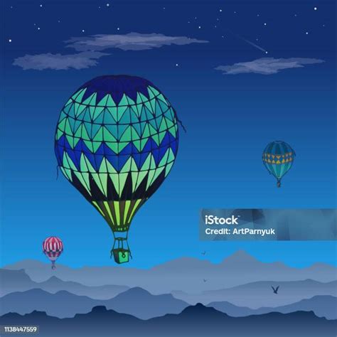 풍선 벡터 카드입니다 구름 밤 하늘에서 비행 하는 다른 색 줄무늬 공기 풍선 구름과 조류의 패턴은 하늘에 급증 여행과 휴가 광고에 대한 스톡 벡터 아트 및 기타 이미지