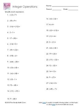 Operation With Integers Worksheet