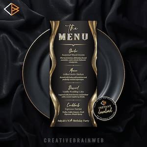 Black And Gold Birthday Menu Template Editable Printable Dinner Party