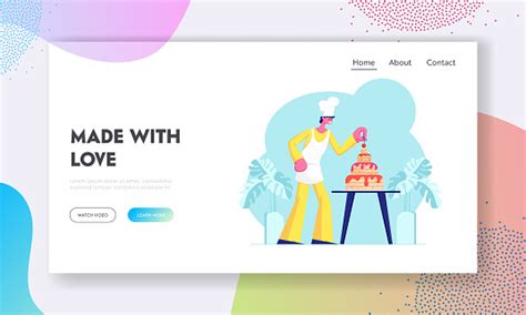 베이커리 웹 사이트 랜딩 페이지 유니폼과 캡 쿡 축제 케이크 크림과 딸기 장식에 요리사 캐릭터 생일 또는 결혼식 웹 페이지를위한 디저트 만화 플랫 벡터 일러스트 배너 개념에