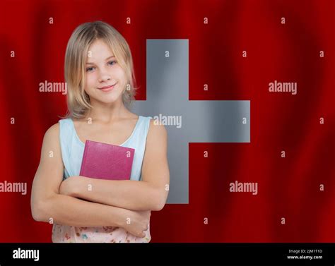 Young Student Girl On Swiss Flag Background Education And School In