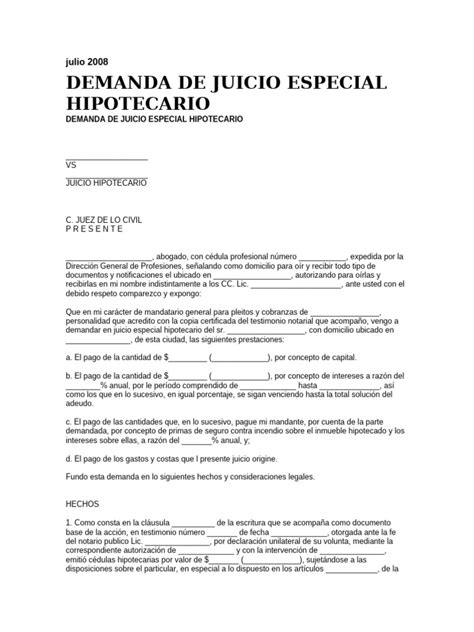 Machote Juicio Especial Hipotecario Pdf Ley Común