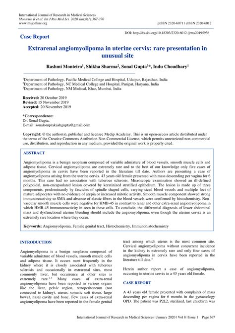 Pdf Extrarenal Angiomyolipoma In Uterine Cervix Rare Presentation In