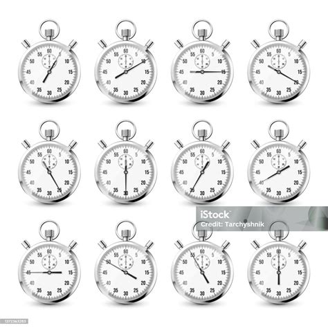 사실적인 클래식 스톱워치 아이콘 반짝이는 금속 크로노미터 다이얼타임 카운터 분 과 초를 보여주는 카운트 다운 타이머 스포츠 시작 및 마무리에 대한 시간 측정 벡터