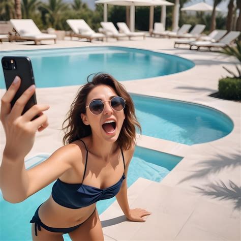 A Woman In A Bikini Taking A Selfie With Her Phone Premium Ai