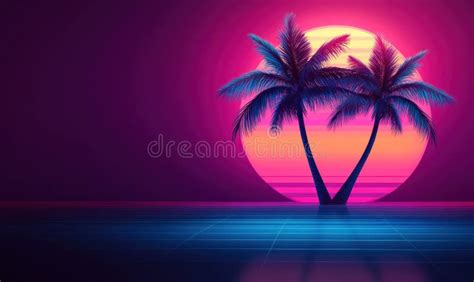 Dreamy Vaporwave Scene Featuring Two Palm Trees Silhouetted Against A