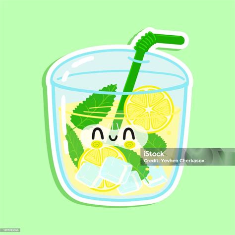 귀여운 재미있는 레모네이드 스티커 캐릭터 벡터 손으로 그린 만화 카와이 캐릭터 일러스트 레이 션 아이콘 흰색 배경에 고립되어