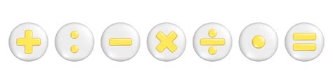 둥근 단추에 사실적인 노란색 3d 더하기 빼기 곱하기 나눗셈 및 등호 산술 3d 요소 교육 수학 아이콘 수학 기호 흰색 배경에 고립된 벡터 그림 3차원 형태에 대한 스톡