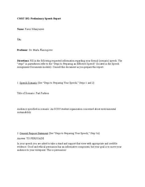 Preliminary Speech Report Cmst 192 Preliminary Speech Report Name