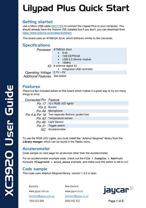 jaycar electronics duinotech lilypad plus xc3920 quick start pdf