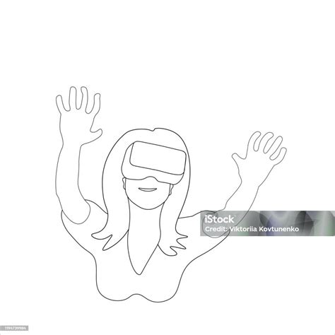 가상 현실 Vr 헤드셋을 사용하는 여성 흰색 배경에 검은 색 윤곽선입니다 벡터 일러스트레이션 3차원 형태에 대한 스톡 벡터 아트 및 기타 이미지 Istock