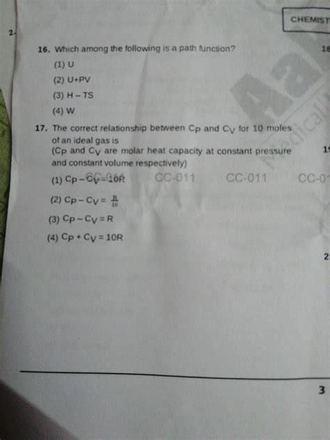 Which Among The Following Is A Path Function 1 U 2 Upv 3 H Ts 4