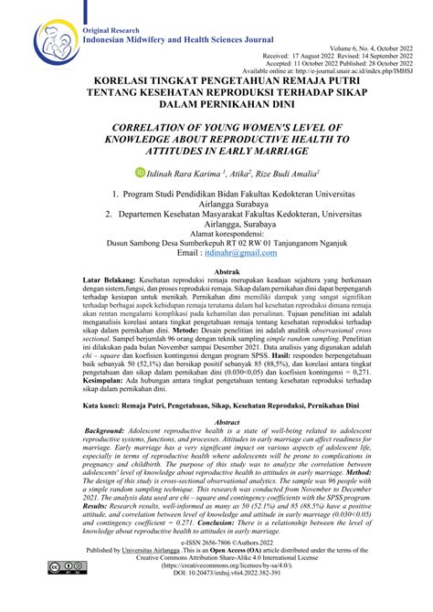 Pdf Correlation Between The Knowledge Level Of Adolescent Women About
