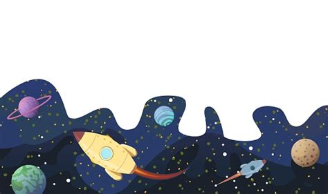 코스모스 배경 행성 그들의 위성과 로켓 별이 빛나는 하늘 풍경 프레임 바닥 어두운 색상 플랫 스타일 만화 디자인 벡터 0명에 대한 스톡 벡터 아트 및 기타 이미지 Istock