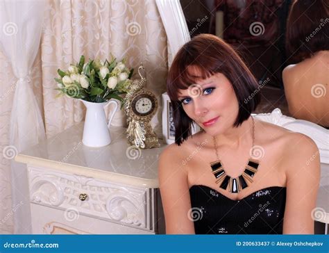 Redhead Model In Stockings And Black Minidress Stock Image Image Of Photomodel High