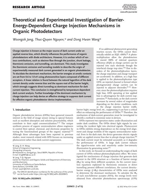 Theoretical And Experimental Investigation Of Barrier‐energy‐dependent Charge Injection