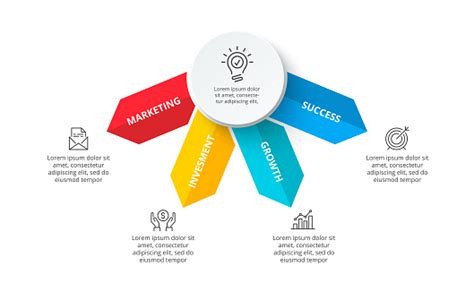네 개의 화살표와 흰색 원으로 슬라이드 4 가지 옵션이있는 비즈니스 프로세스의 개념 데이터 시각화 및 분석을 위한 플랫 벡터 그림입니다 현대 인포 그래픽 디자인 템플릿 0