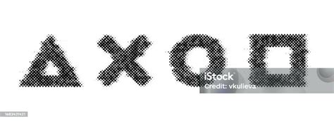 하프톤 글리치 기하학적 모양이 설정되었습니다 점선으로 왜곡된 삼각형 십자형 원 및 사각형 요소 배너 포스터 콜라주 전단지 소책자