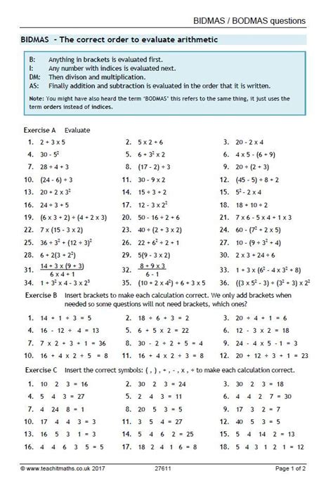 A Worksheet Of Bidmas Bodmas Questions And Answers For Ks3gcse