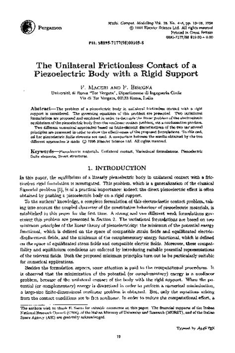 Pdf The Unilateral Frictionless Contact Of A Piezoelectric Body With A Rigid Support