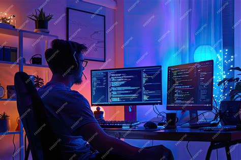 Premium Photo Male Programmer Coding In A Dark Room With Dual Monitors