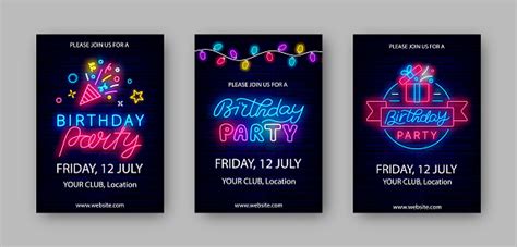 생일 파티 네온 세로 포스터 팩 색종이 선물 및 전구 화환 벡터 스톡 일러스트 라벨에 대한 스톡 벡터 아트 및 기타 이미지