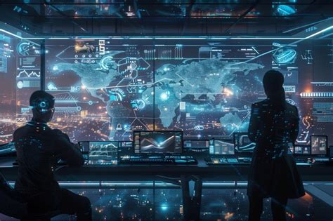 Futuristic Command Center With Advanced Technology And Digital Interfaces Analysts Monitor