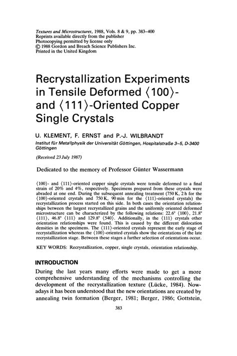 Pdf Recrystallization Experiments In Tensile Deformed 〈100〉 And 〈111〉 Oriented Copper Single