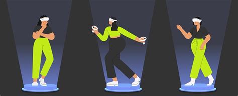 메타버스 문자 집합입니다 가상 현실 안경을 착용하고 상호 작용하고 가상 세계를 만드는 여성과의 평면 벡터 일러스트레이션 미래 혁신의 개념 가상현실에 대한 스톡 벡터 아트 및