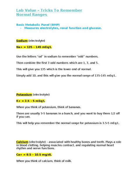 Bmp Lab Values Basic Metabolic Panel Normal Ranges Basic Metabolic